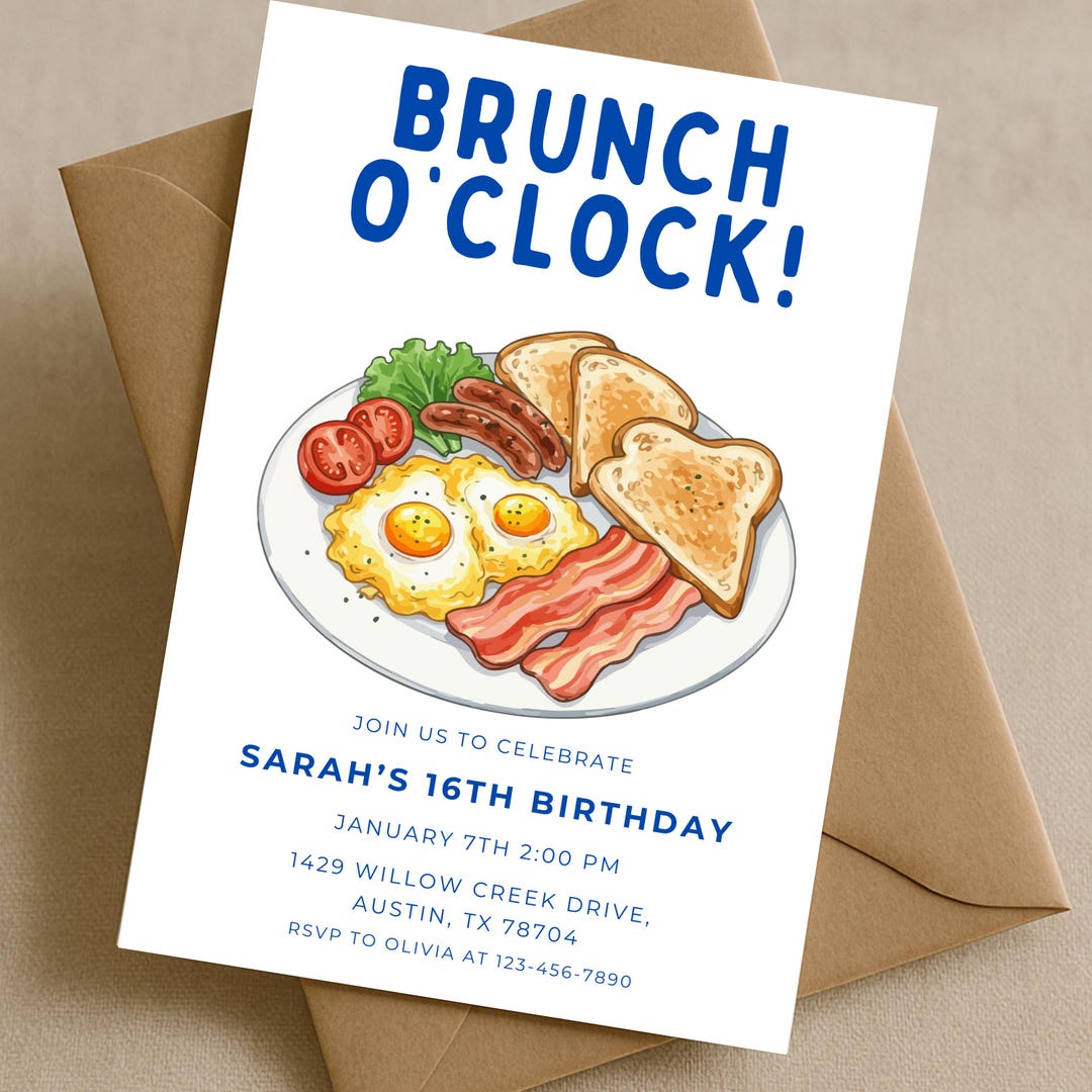 Brunch O Clock Birthday Invitation, Brunch Birthday Party Invite ...