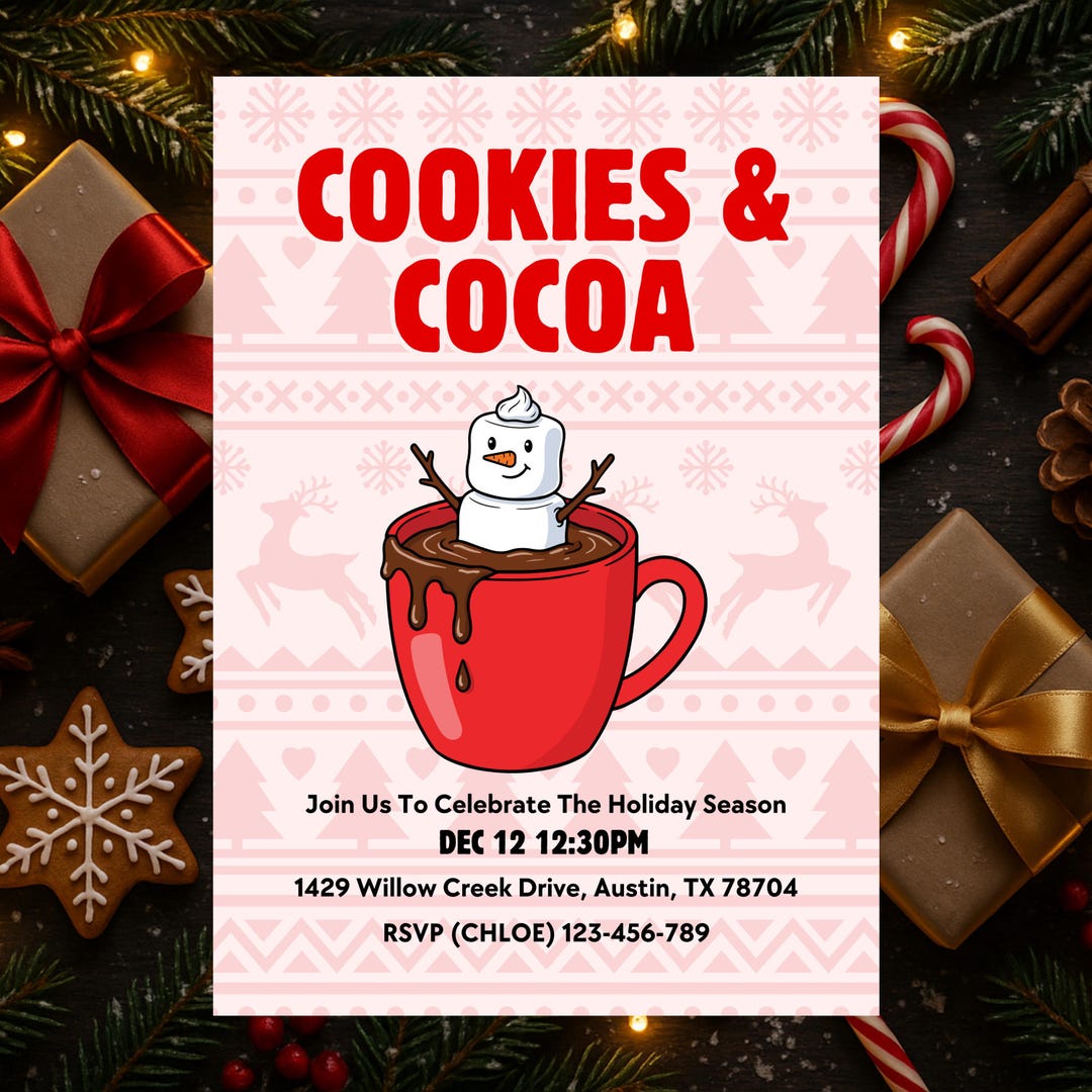 Editable Winter Cookies and Cocoa Party Invitation, Christmas Hot Cocoa ...