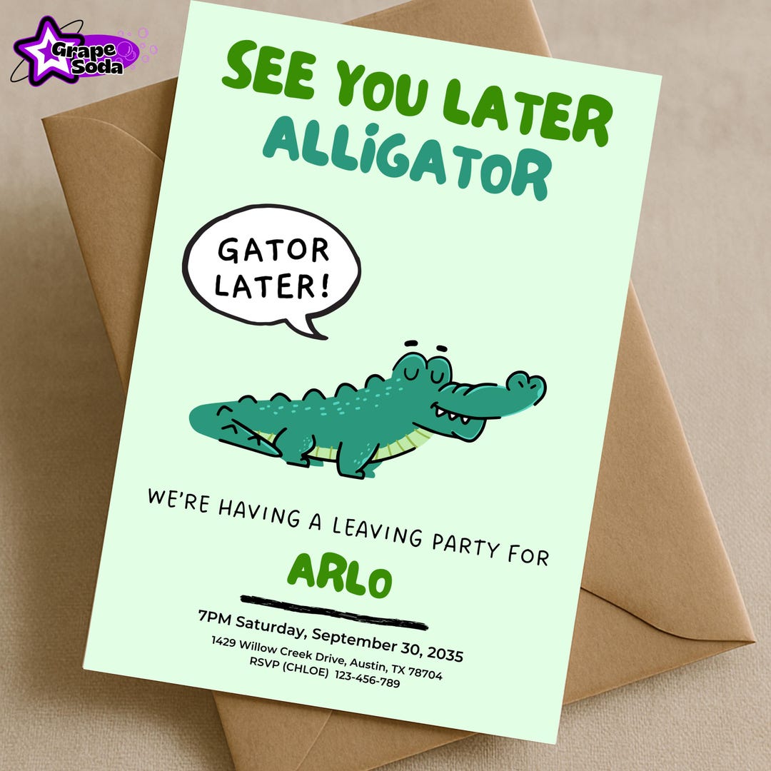 Minimal Mint Green See You Later Alligator Invitation, Editable Canva ...