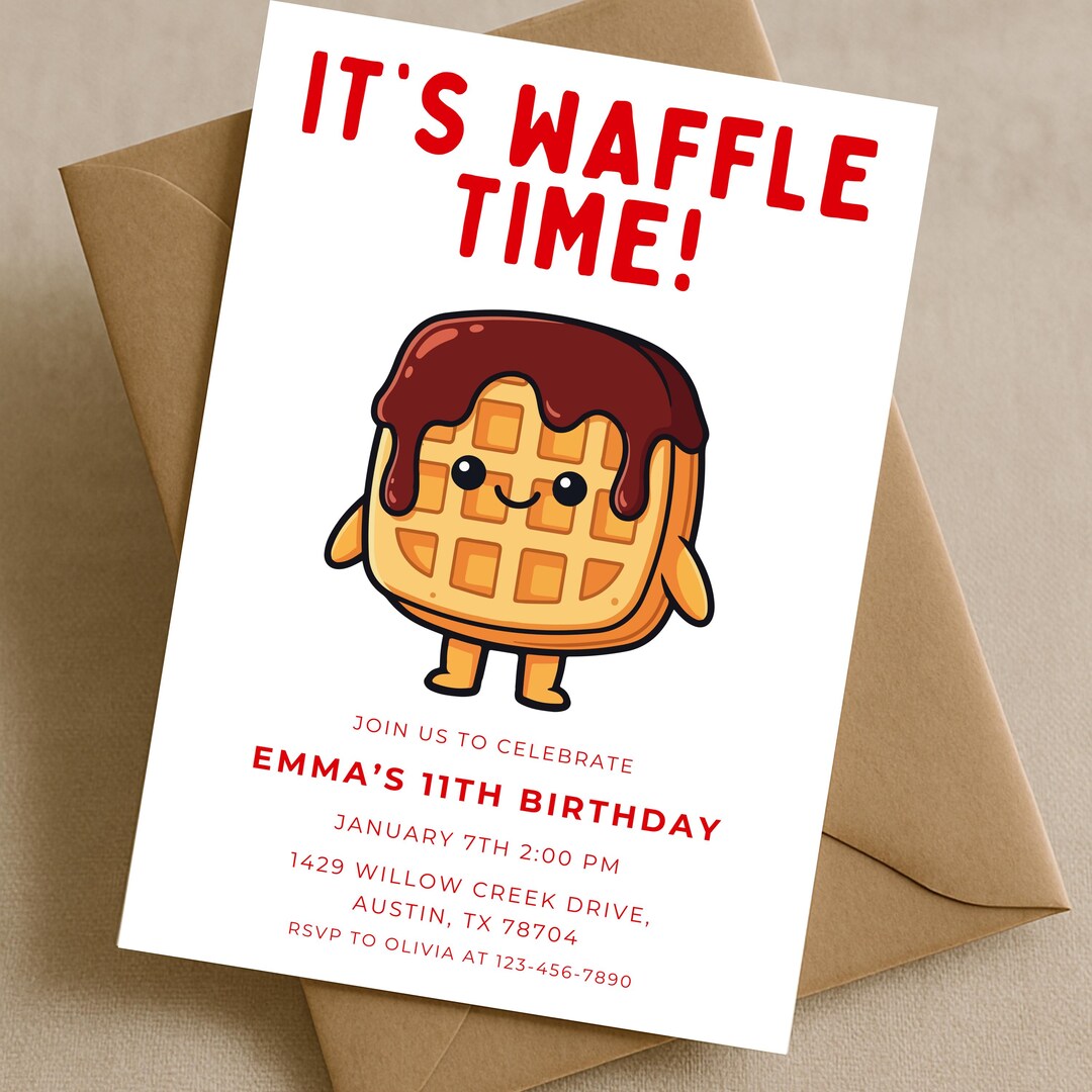 Waffle Birthday Party Invitation, Cute Kawaii Waffle Party Invite, Kids ...