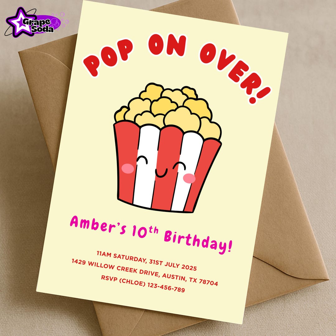 Kawaii Popcorn Bucket Movie Night Invite, Birthday Popcorn Party ...