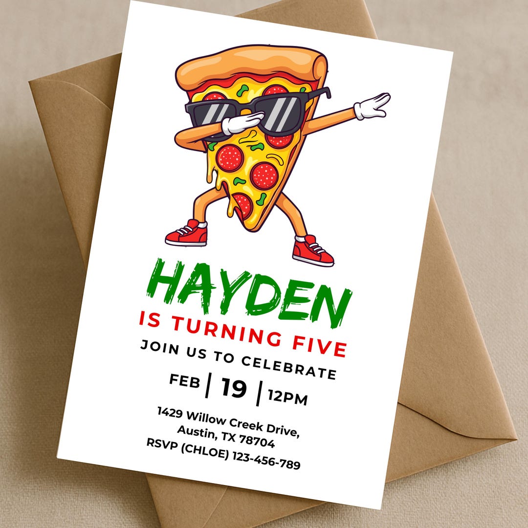 Pizza Birthday Invitation Editable Canva Template, Kids 5th Birthday ...