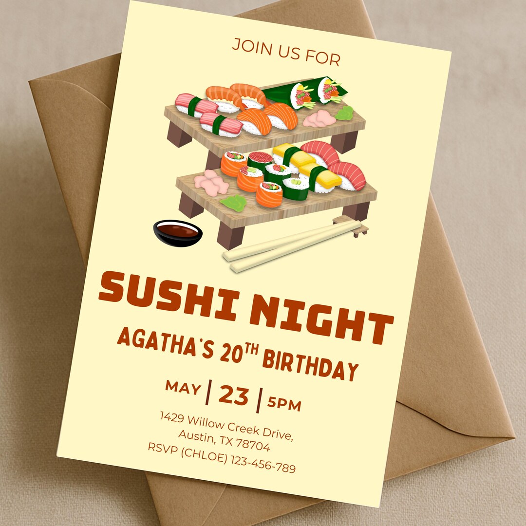 Sushi Night Birthday Invitation, Sushi Party Invite, Japanese Food ...
