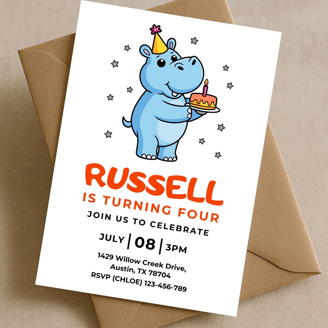 Hippo Birthday Invitation, Boy 4th Birthday Party Invite, Cute Animal ...