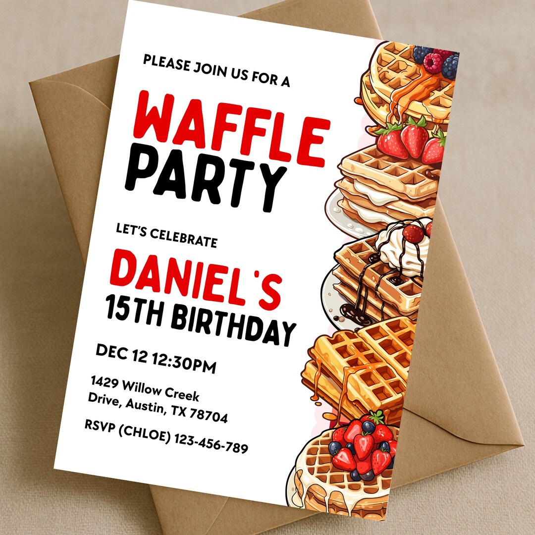 Waffle Party Birthday Invitation, Teen Birthday Breakfast Party Invite ...