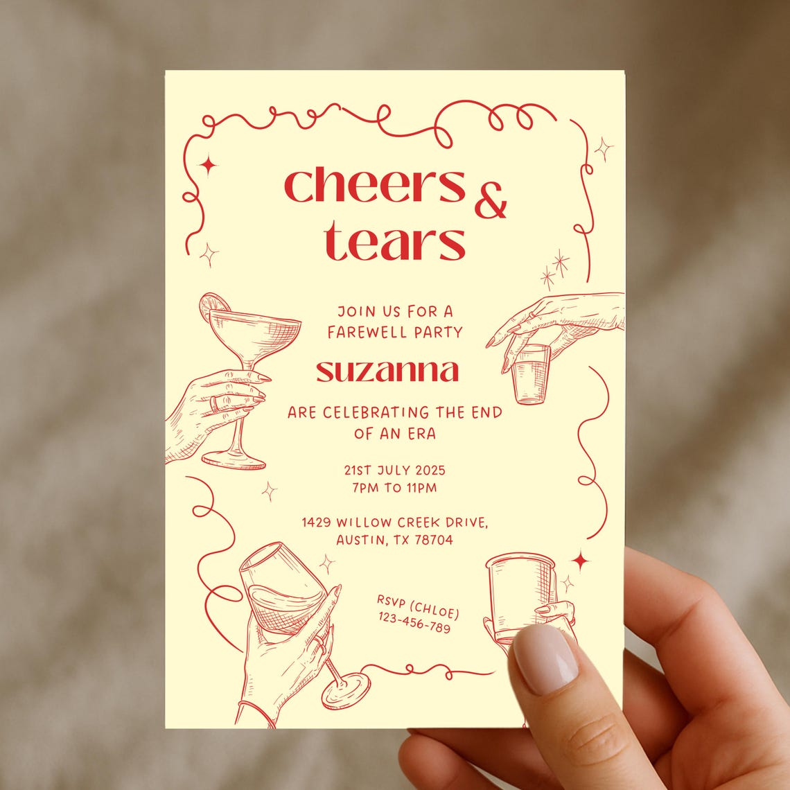 Cream Editable Cheers Tears Red Line Art Farewell Party Invitation ...
