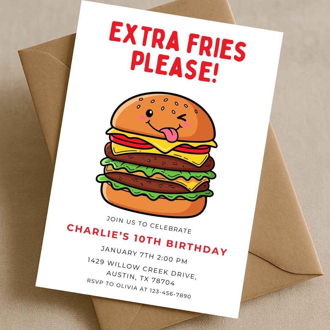 Burger and Fries Birthday Invitation, Extra Fries Please Party Invite ...