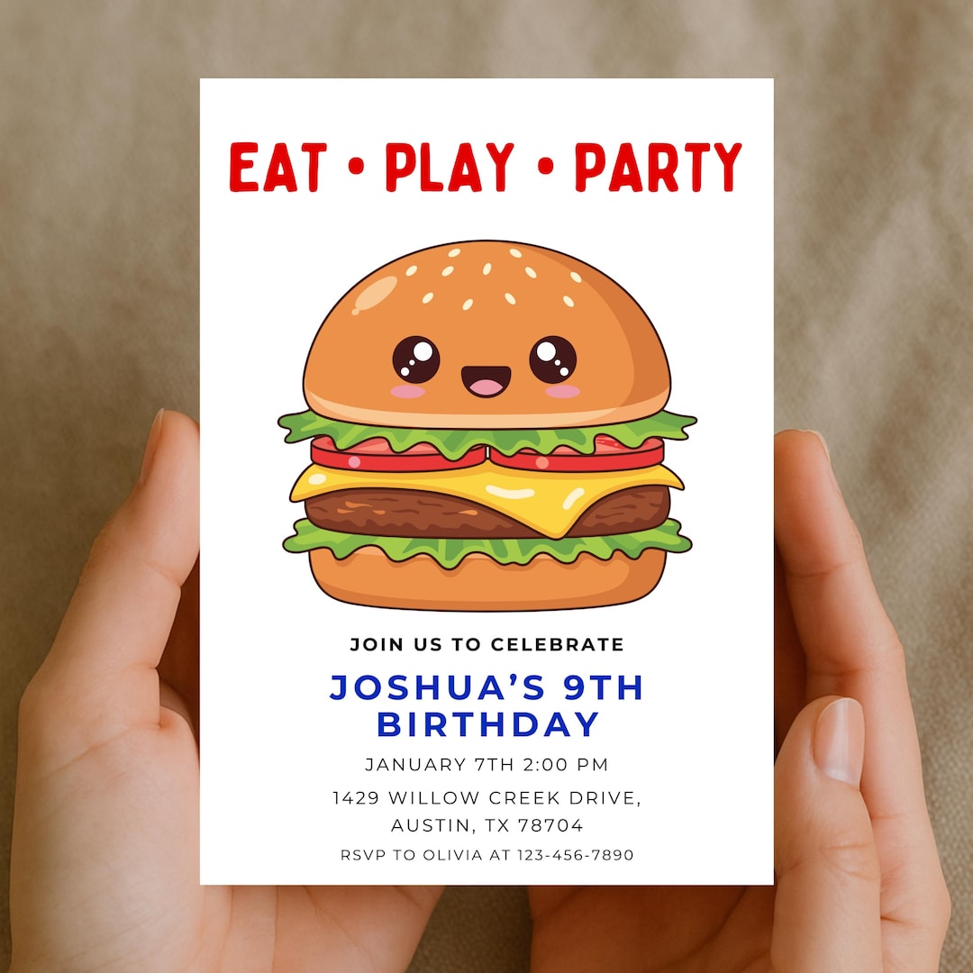 Kawaii Burger Birthday Invitation for Kids, Burger Party Invite for ...