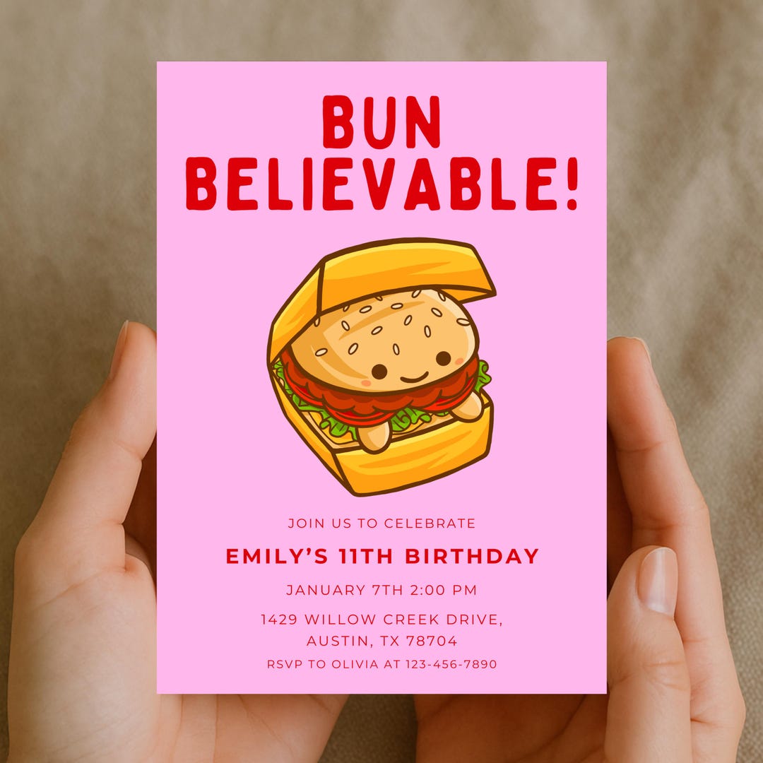 Bun Believable Burger Birthday Invitation Editable, Girl Burger Bash ...