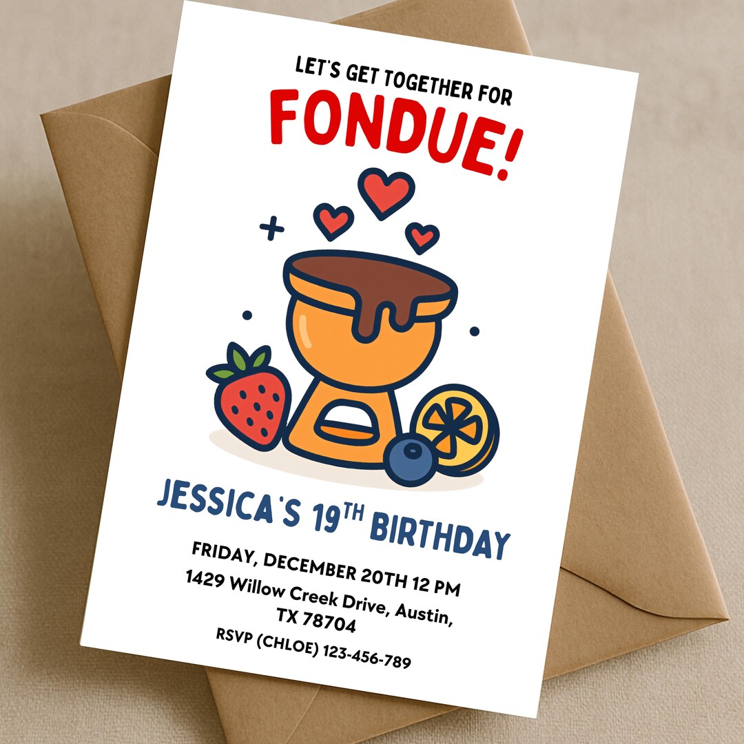 Fondue Birthday Invitation, 19th Birthday Chocolate Fondue Party Invite ...