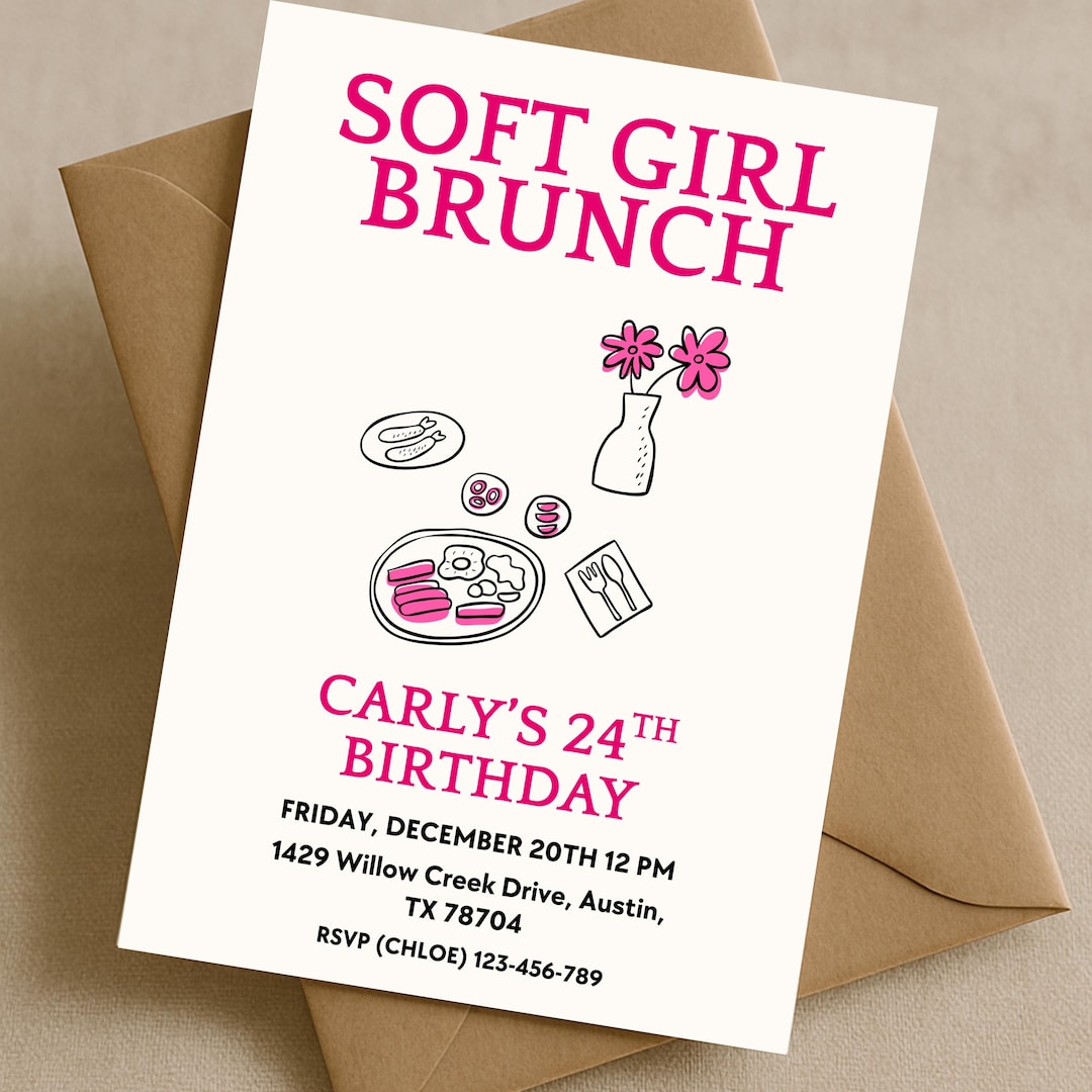 Soft Girl Brunch Birthday Invitation | Pink Feminine Brunch Party ...