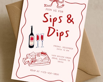 Sips & Dips Wine Tasting Invitation, Girls Night, Editable (digital ...