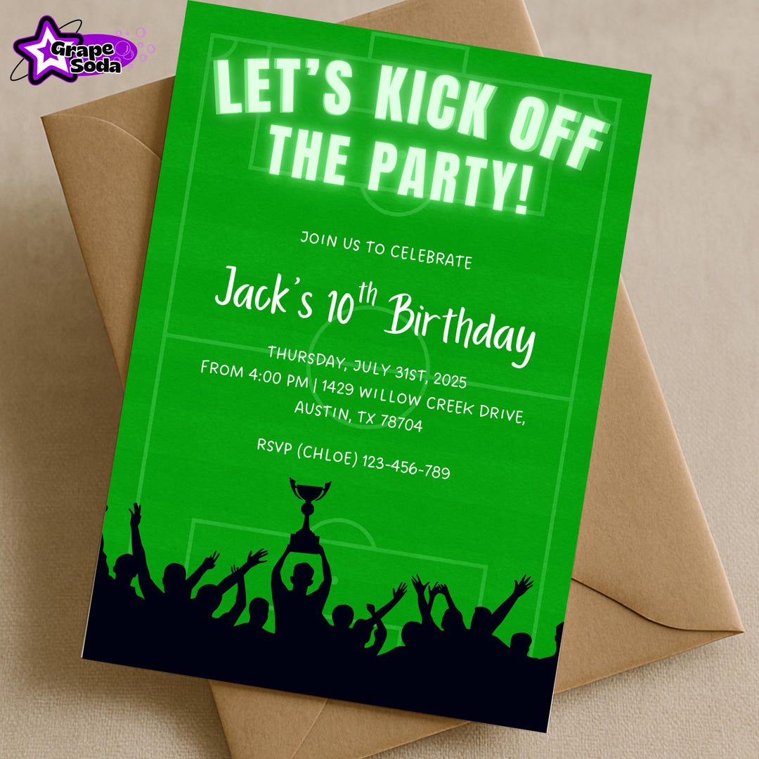 Soccer Pitch Birthday Invitation for Boys, Editable 10th Birthday Canva ...