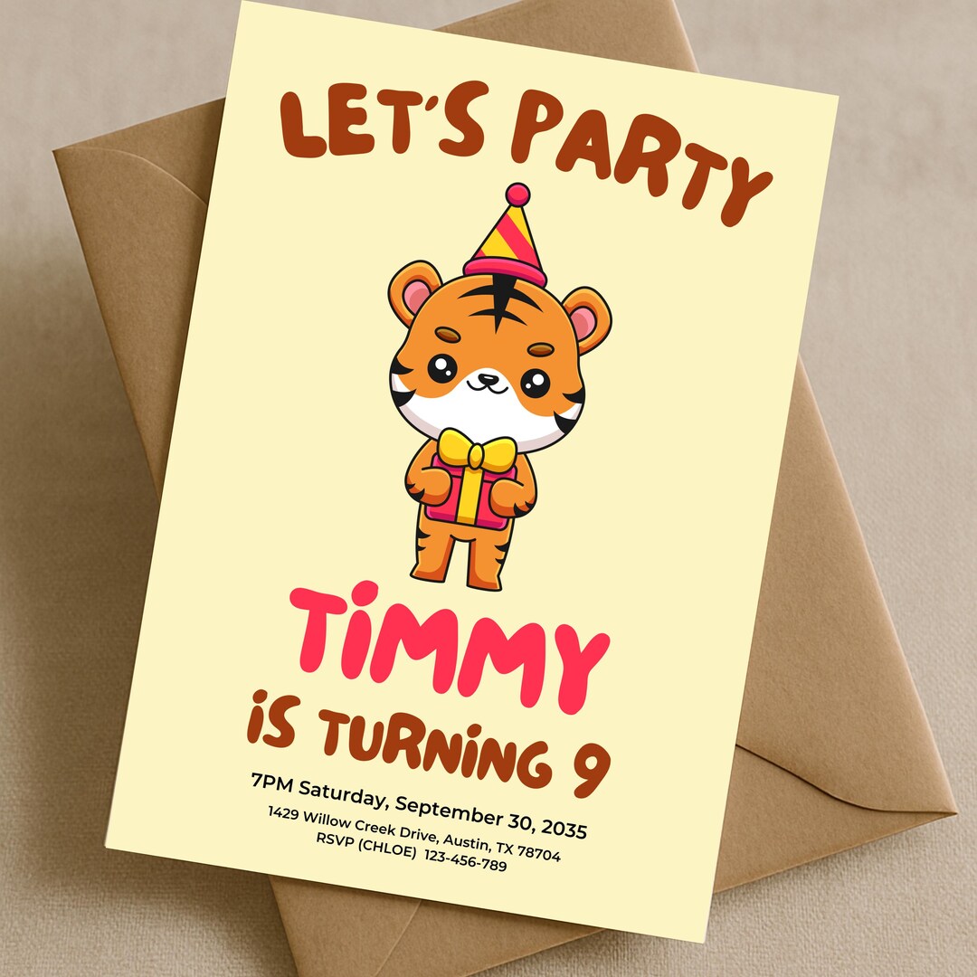 Adorable Tiger Birthday Party Invitation for Kids, Tiger Theme Birthday ...