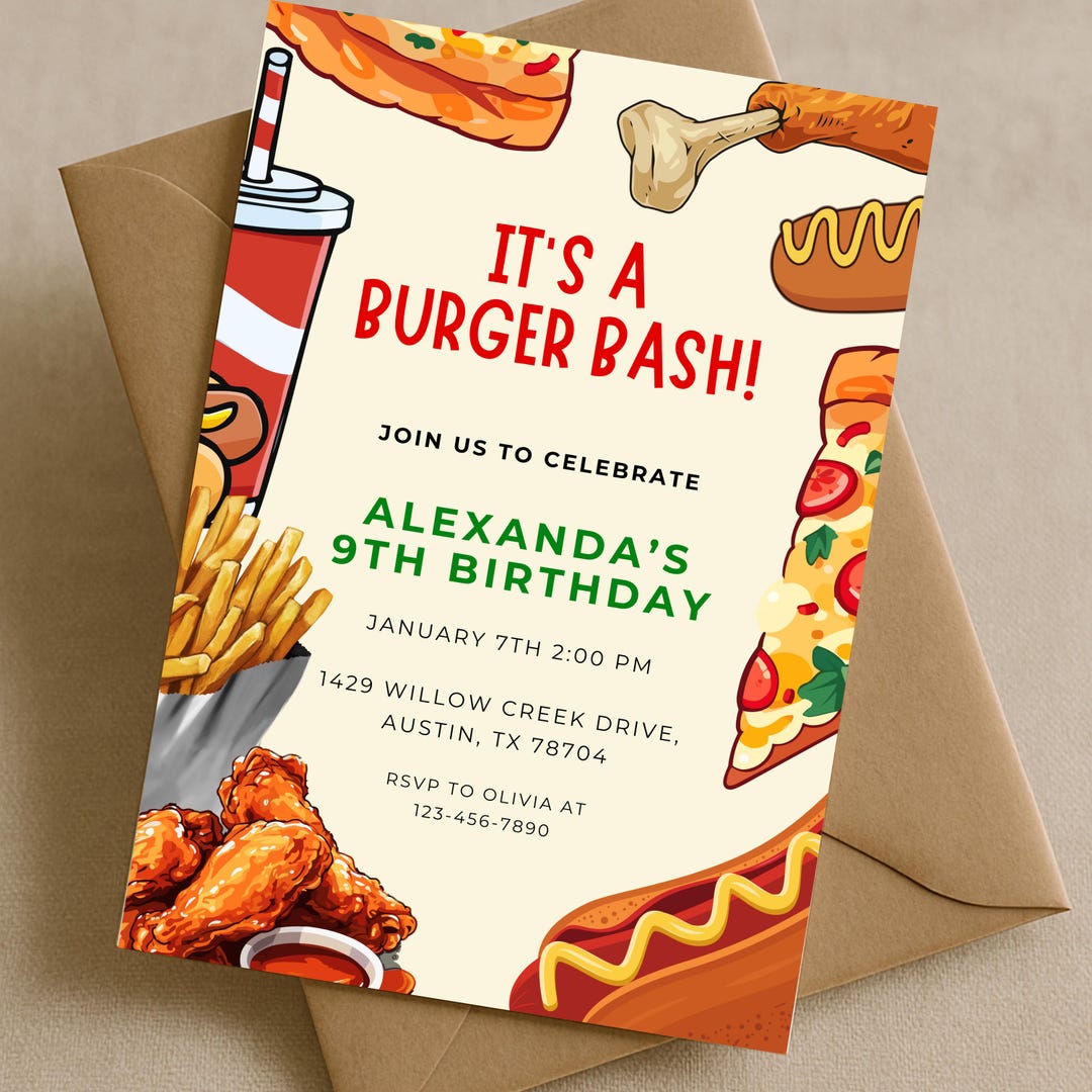Fast Food Burger Birthday Invitation for Kids, Fast Food Burger Bash ...