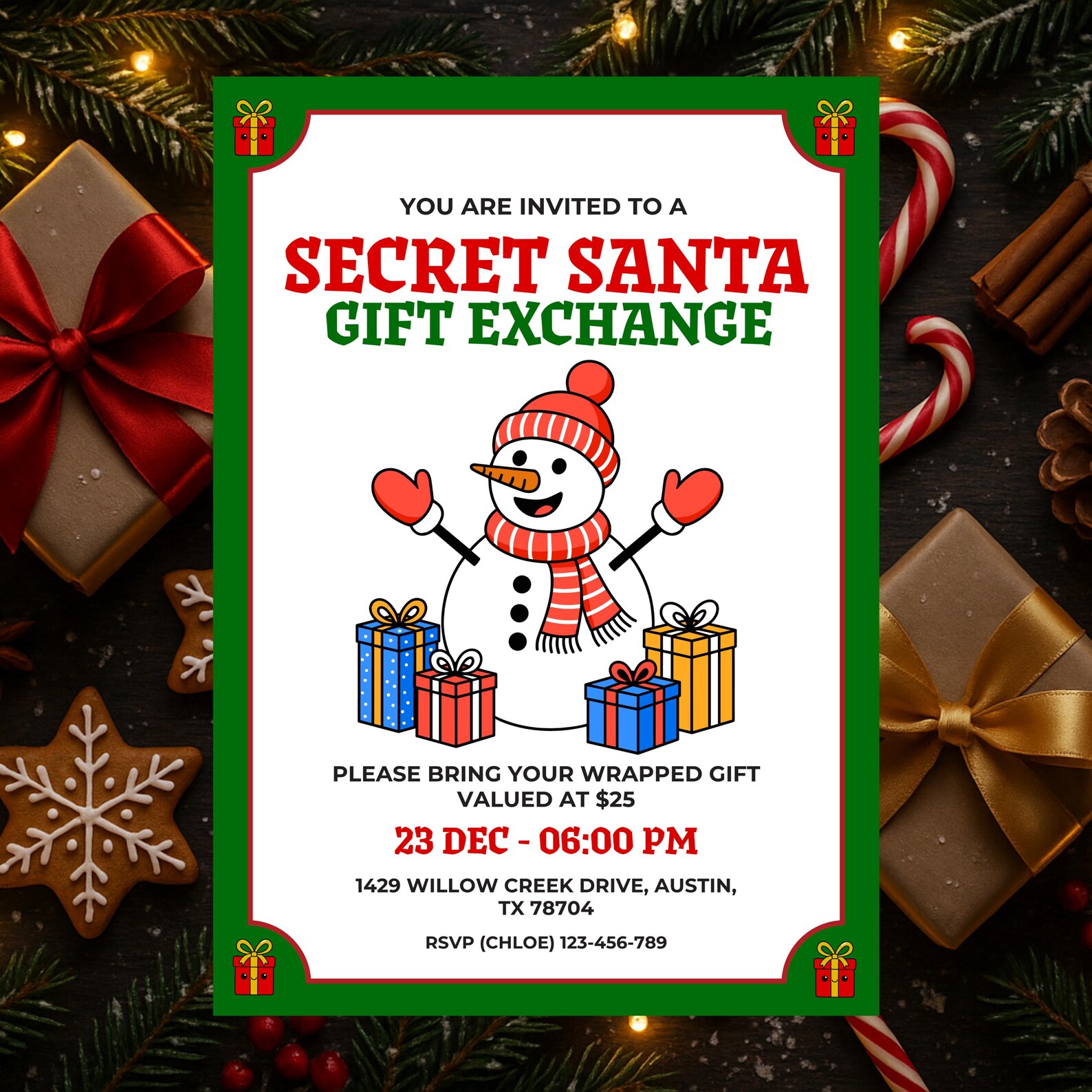 Snowman Christmas Gift Exchange Party Invite, Secret Santa Invitation ...