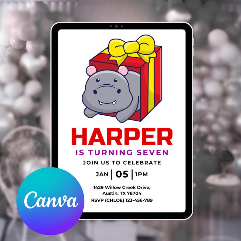 Editable Hippo Birthday Invitation for Kids, Cute Hippo Party Invite ...