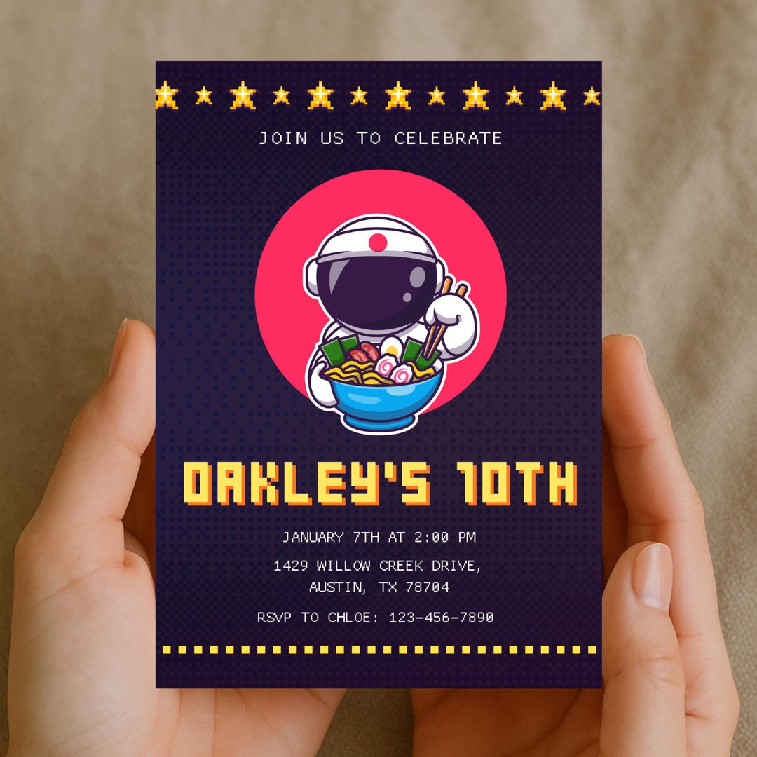 Editable Astronaut Ramen Party Invitation, Space Noodle Birthday Invite ...