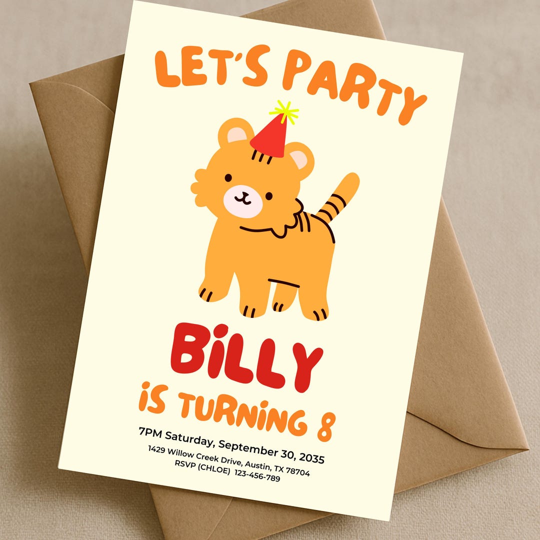 Printable Party Tiger Birthday Invite for Kids, Editable Kids Jungle ...