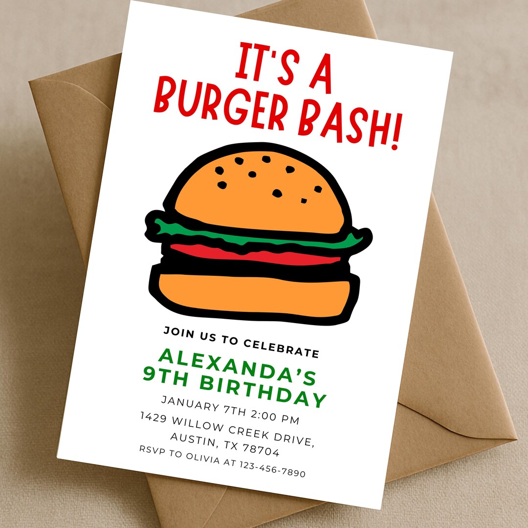 Doodle Burger Birthday Invitation, Burger Bash Party Invite for Kids ...