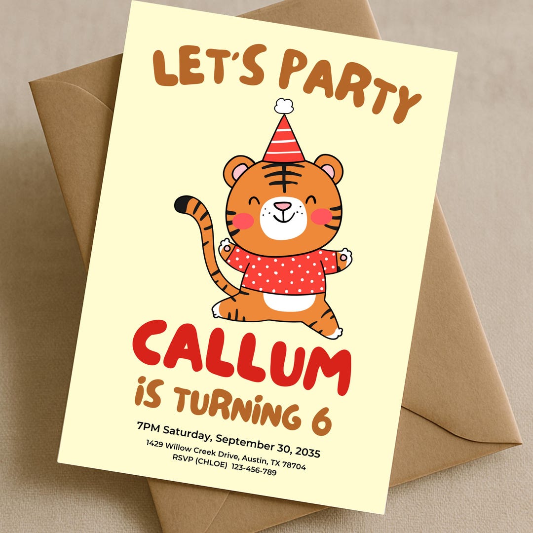 Leaping Tiger Birthday Party Invitation, Editable Printable Tiger ...