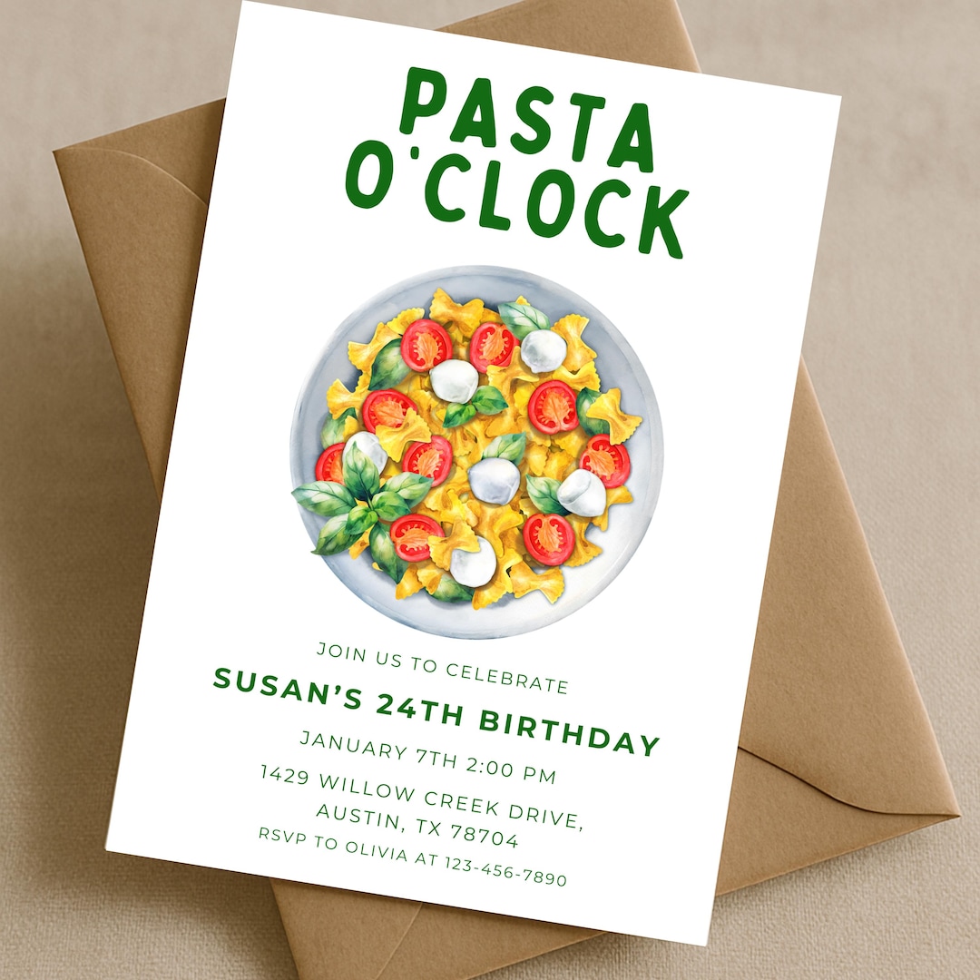 Green Pasta O Clock Adult Birthday Invitation, Pasta Night Party Invite ...