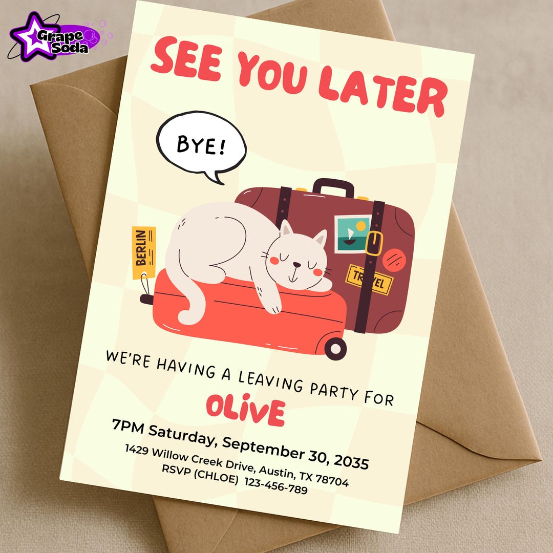 See You Later Cat Sleeping Leaving Party Invitation, Suitcase Kids ...