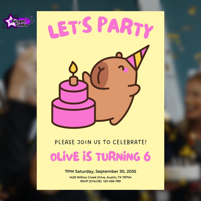 Capybara Birthday Invitation for Girls, Cute Capybara Party Invite With ...