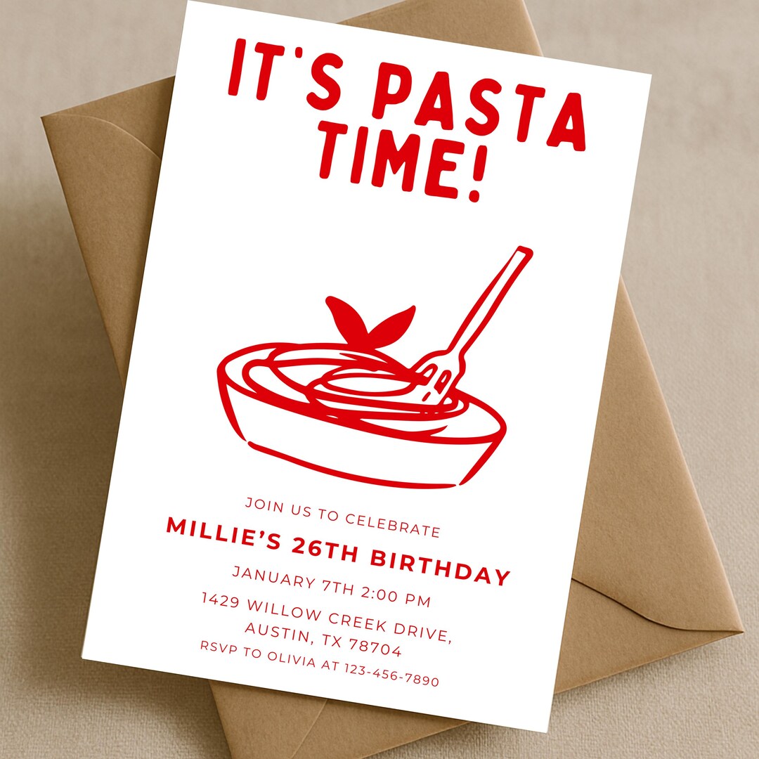 Red Doodle Pasta Birthday Invitation Template, Italian Dinner Party ...