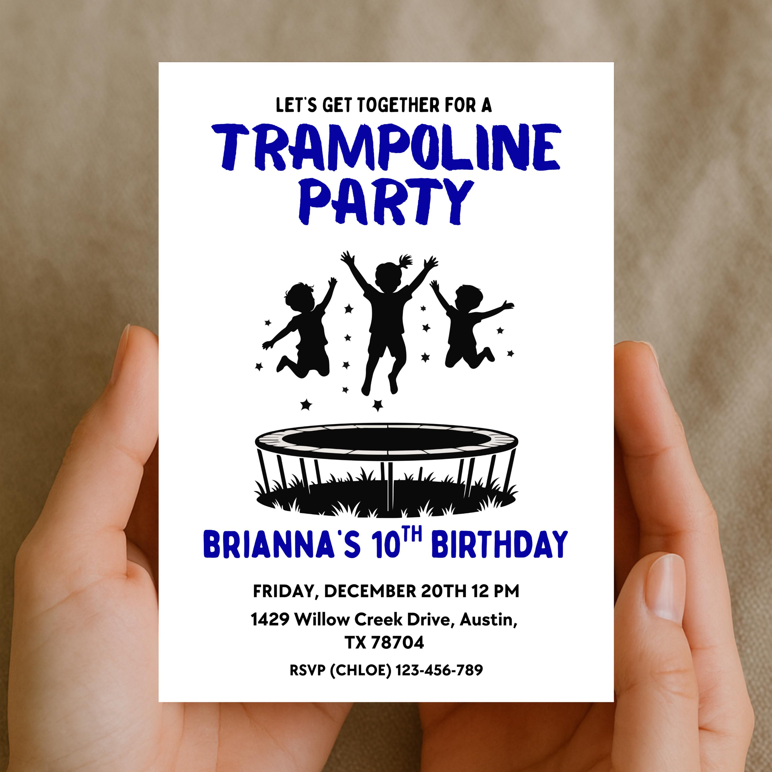 Trampoline Party Invitation Printable, Kids Jump Birthday Invite ...