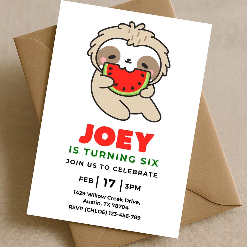 Sloth Birthday Invitation, Sloth Turning 6 Invite, Watermelon Sloth ...