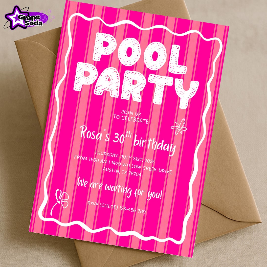 Pink Pool Party Invitation, Birthday Editable Canva Template, Hot Pink ...