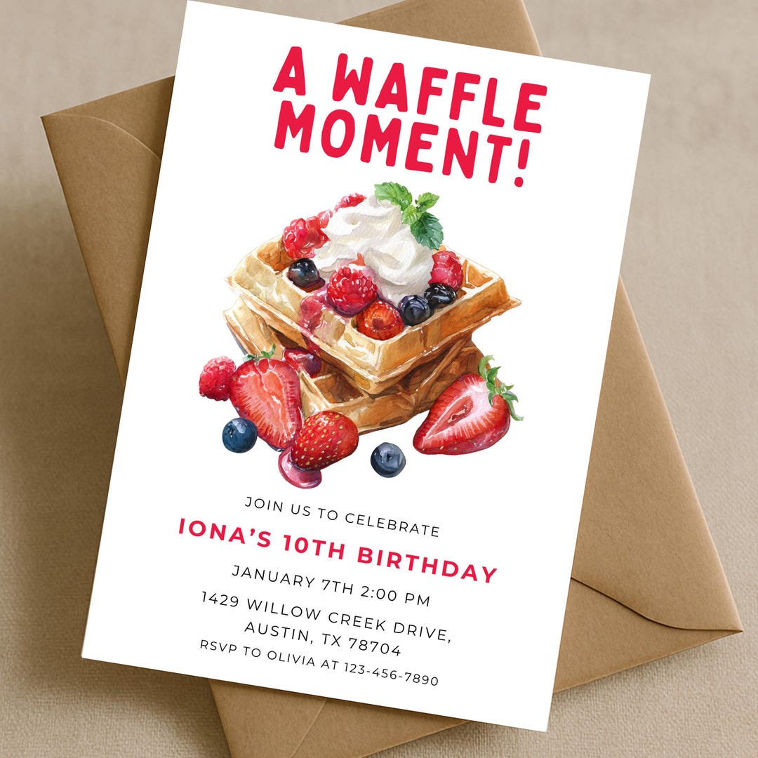 Waffle Birthday Invitation, Watercolor Waffle Party Invite, Kids ...
