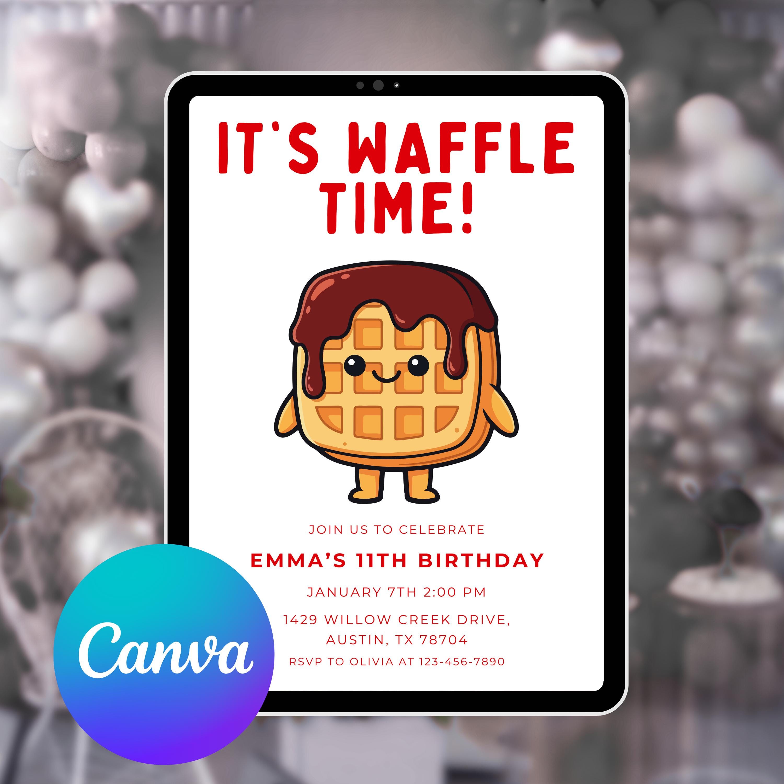 Waffle Birthday Party Invitation, Cute Kawaii Waffle Party Invite, Kids ...