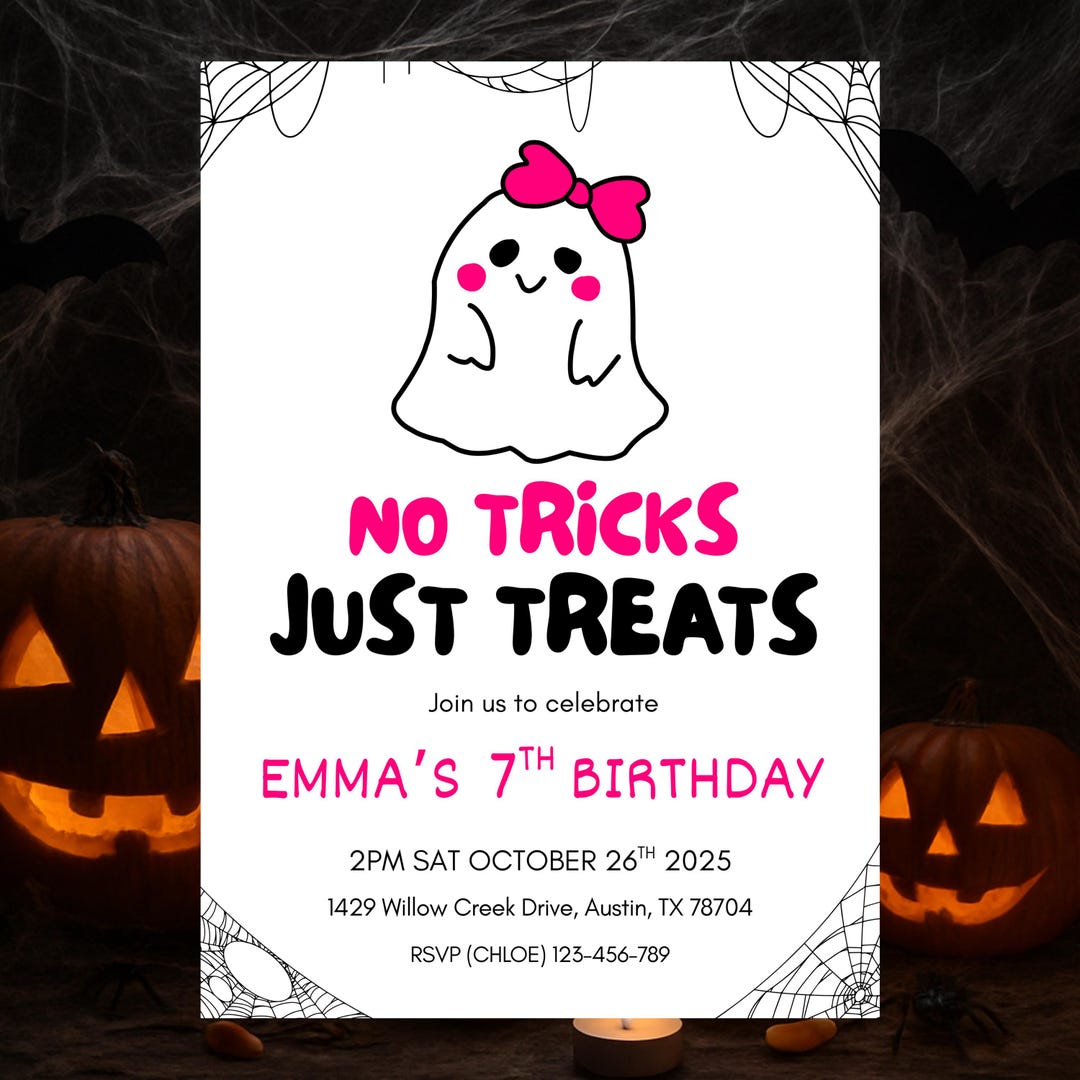 Halloween Ghost Birthday Invitation for Girls, Cute Pink Bow Halloween ...