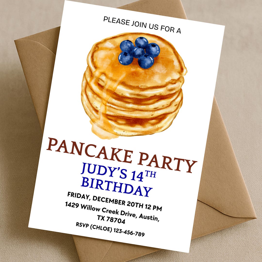 Pancake Party Birthday Invitation, 14th Birthday Brunch Invite, Kids ...