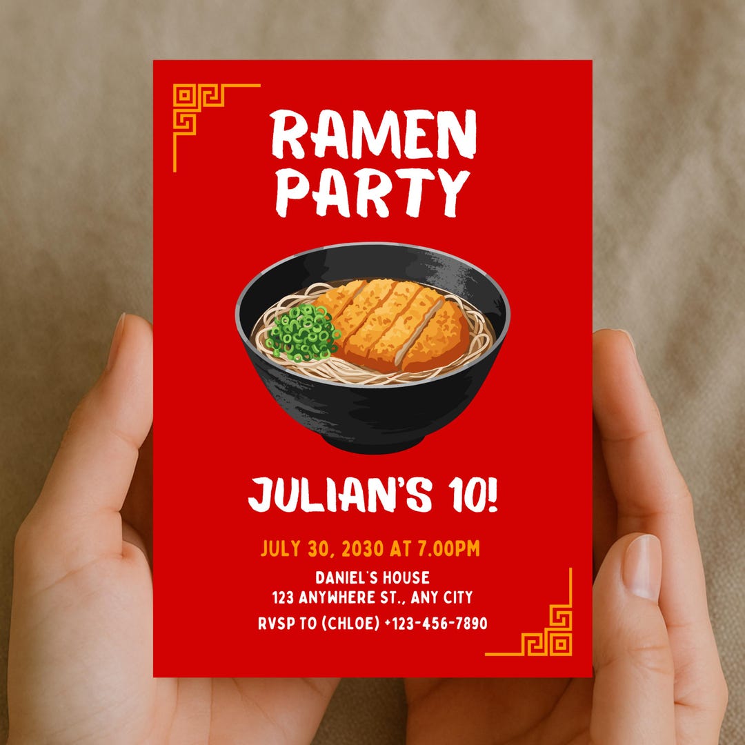 Red Gold Ramen Birthday Invite for Kids, Ramen Party Invitation ...