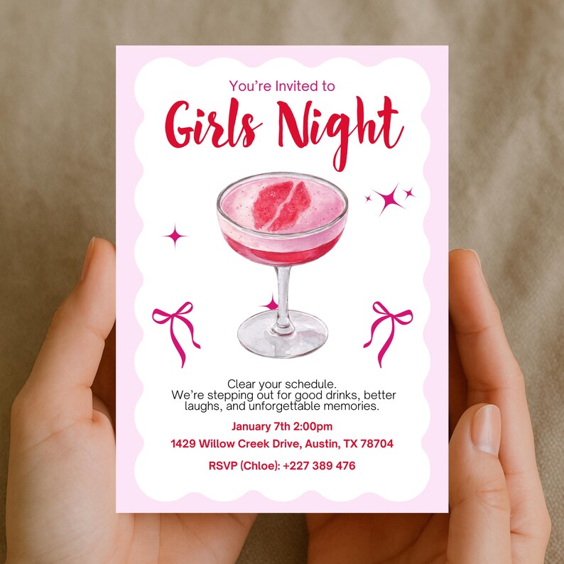 Girls Night Invitation Template Editable, Pink Cocktail Party Invite ...