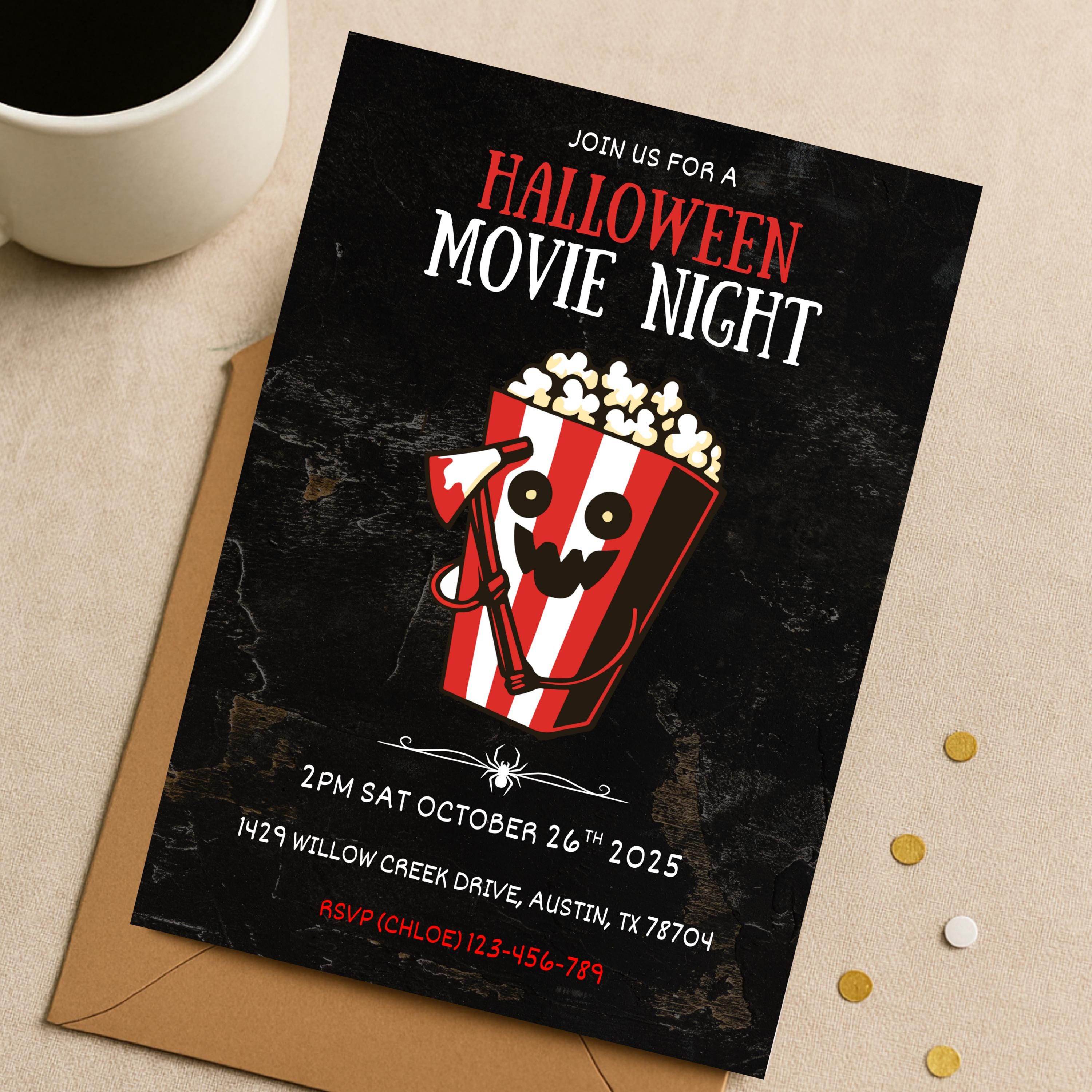 Halloween Movie Night Invitation, Scary Movie Night Invite, Spooky ...