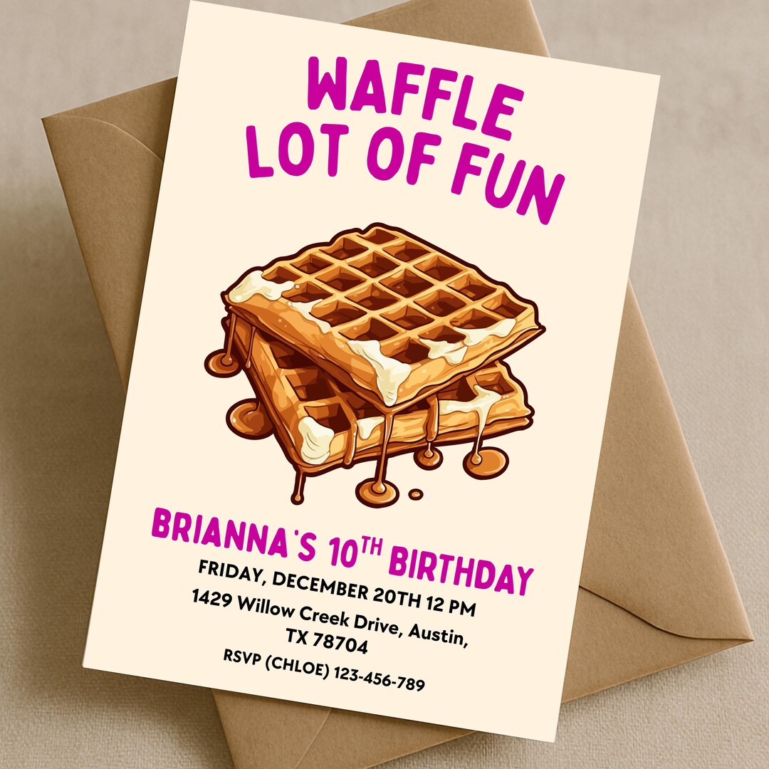 Funny Waffle Birthday Invitation, Cute Pink Waffle Party Invite, Kids ...