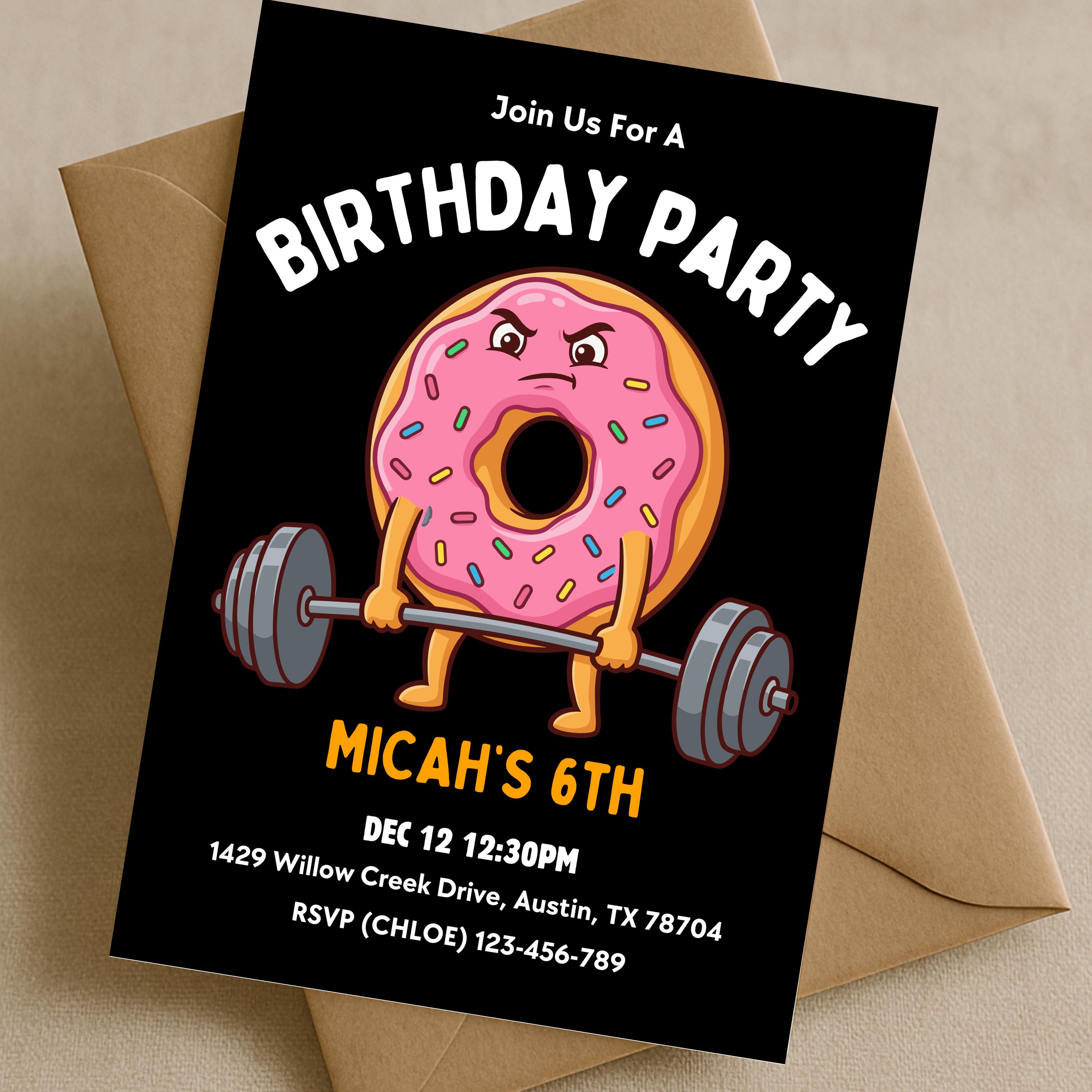 Donut Birthday Invitation Gym Theme, Weightlifting Donut Party Invite ...