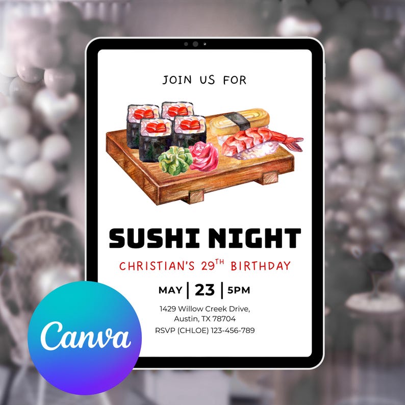 Sushi Night Birthday Invitation, Adult Food Theme Party Invite ...