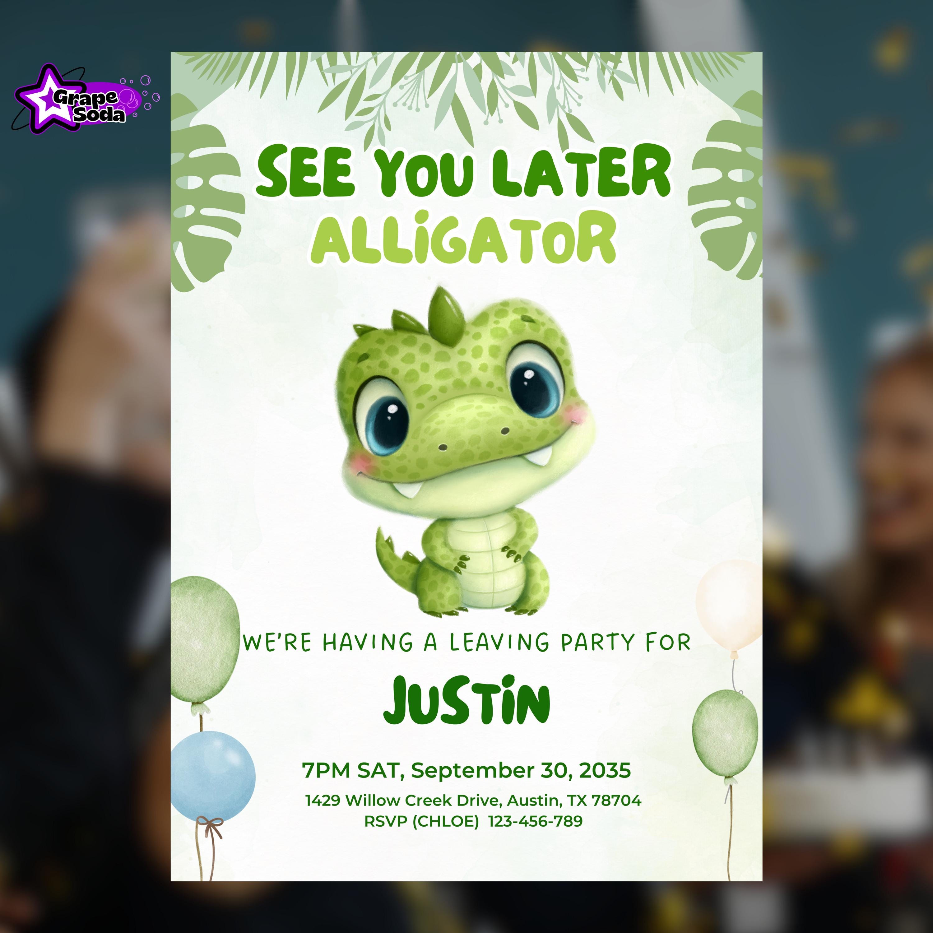 Green See You Later Alligator Invitation, Editable Canva, Jungle Leaves ...