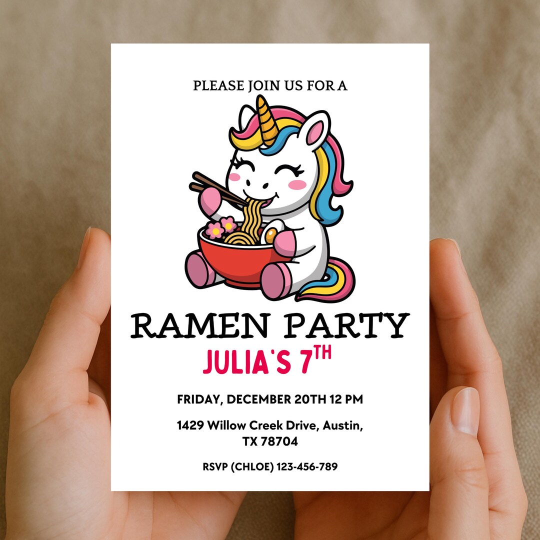 Unicorn Ramen Party Invitation, Kawaii Noodle Birthday Invite, Editable ...