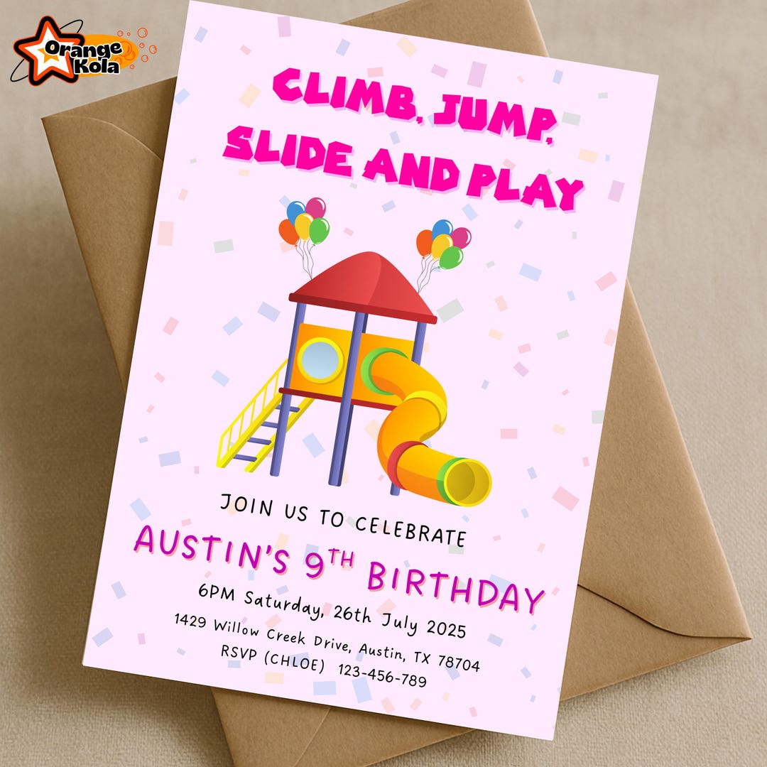 Editable Playground Party Invite, Pink Jungle Gym Party Invite Template ...