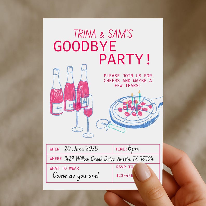 Editable Moving Goodbye Party Invitation Template, Champagne Pizza ...