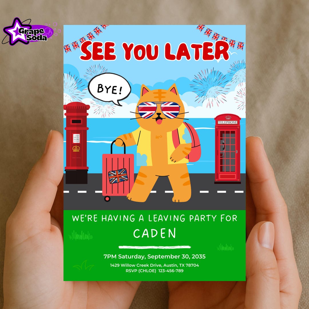See You Later British Cat Invitation, London Theme, Editable Canva ...