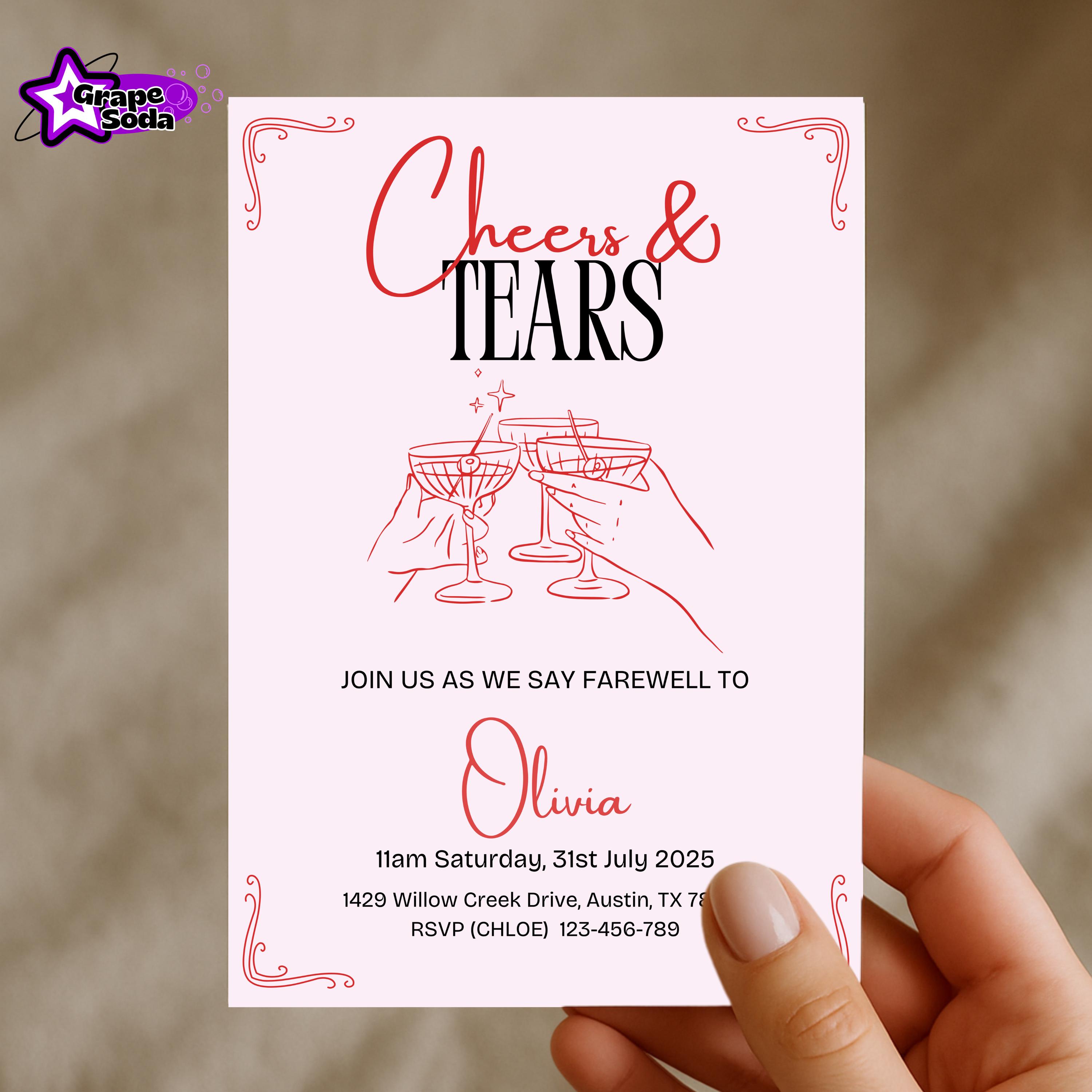 Pink Coupe Glass Line Art Cheers Tears Send off Party Invitation ...