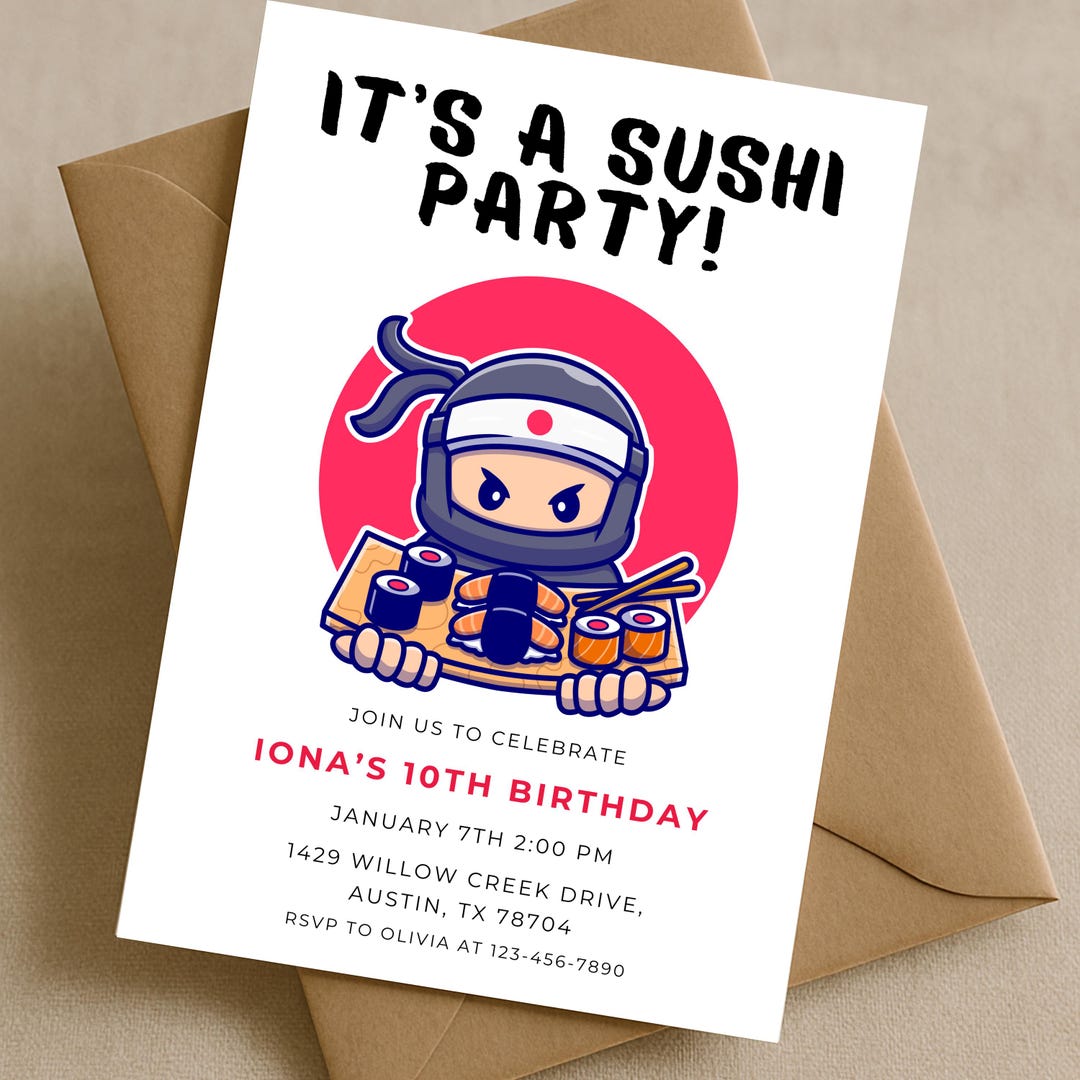 Ninja Sushi Party Birthday Invitation Template Editable Canva, Kids ...