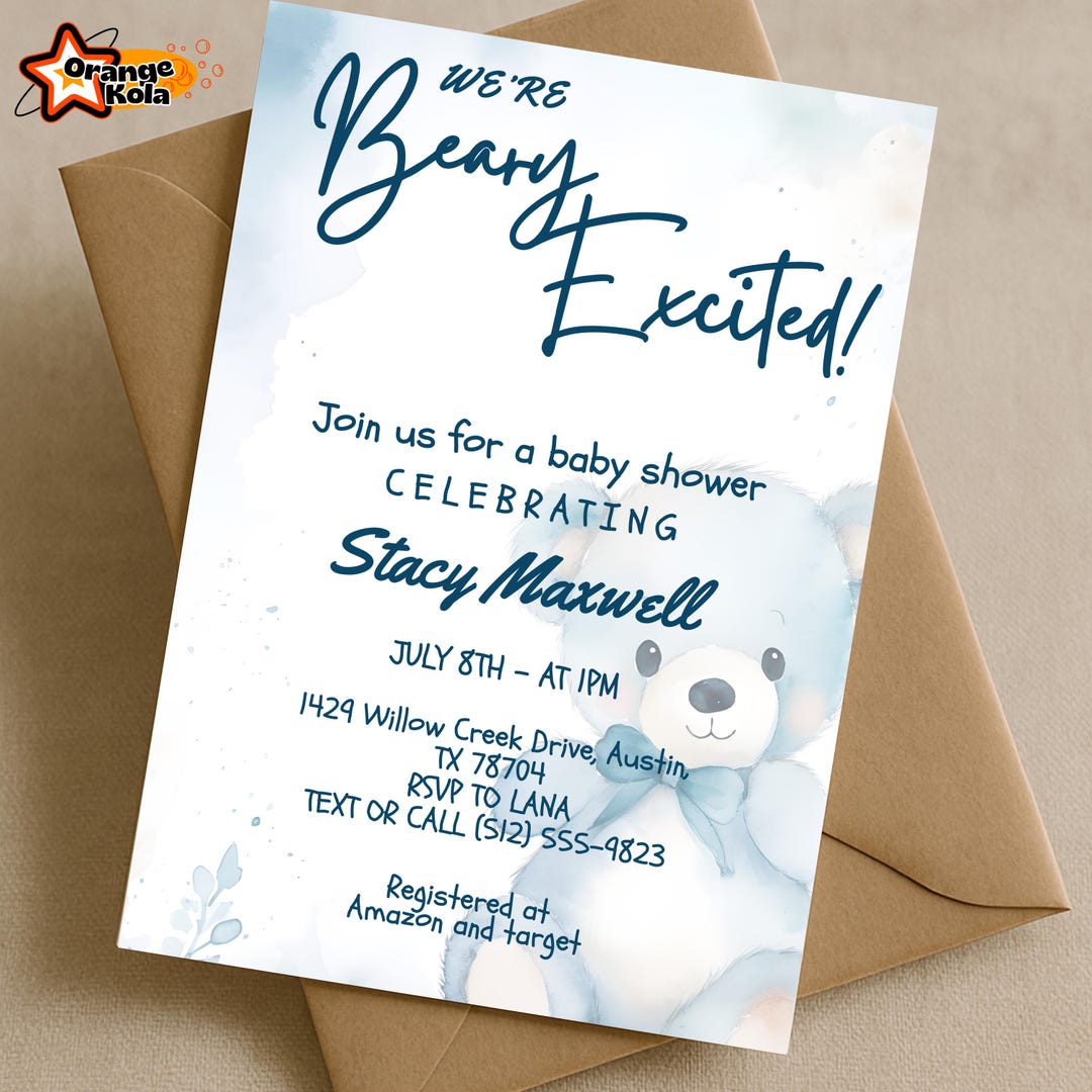 Beary Excited Bear Baby Shower Invitation for Boy, Teddy Bear ...
